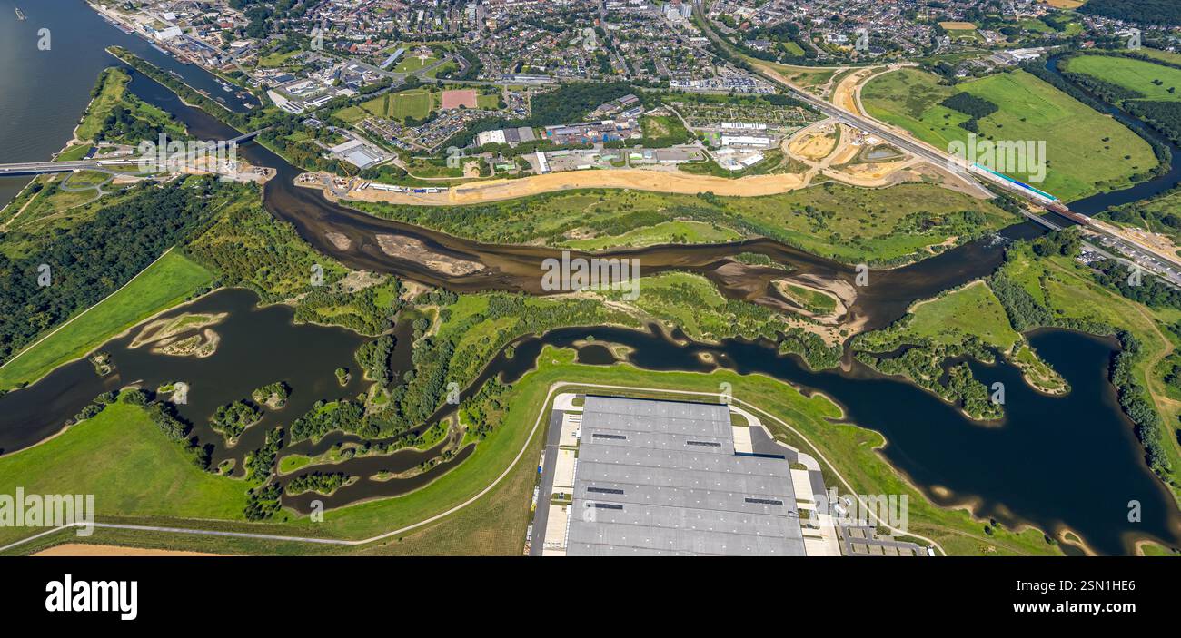 Aerial view, Lippe estuary with construction site, river Lippe and ...