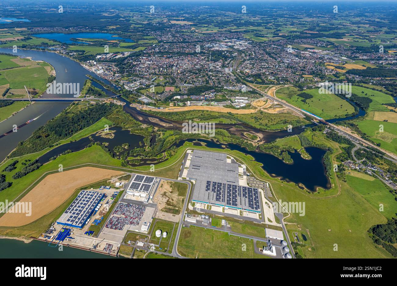 Aerial view, Lippe estuary area with construction site, river Lippe and ...