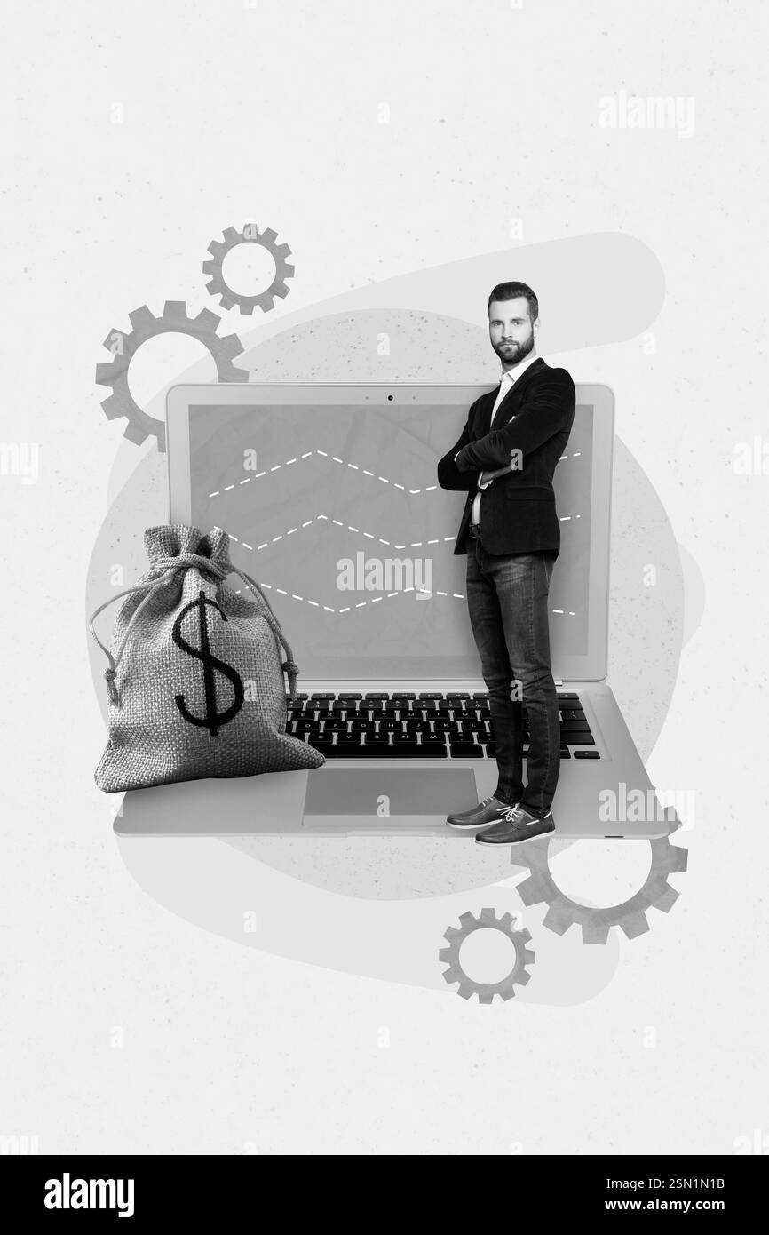 Poster template creative collage of successful investor stand cyber netbook save rich milion ...