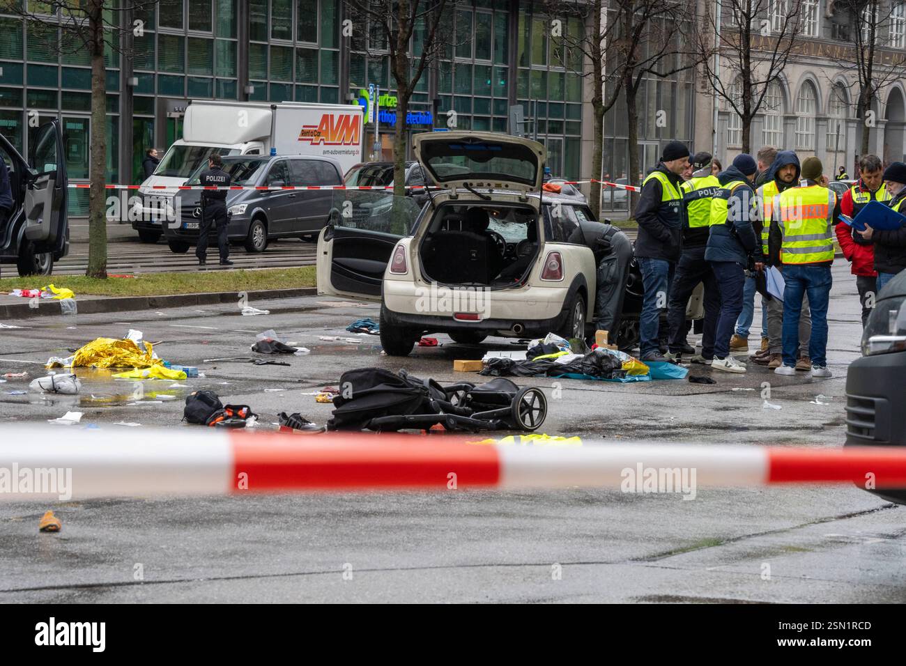 Munich, Bavaria, Germany - February 13, 2025: A car crashes into a crowd of people at a Verdi ...