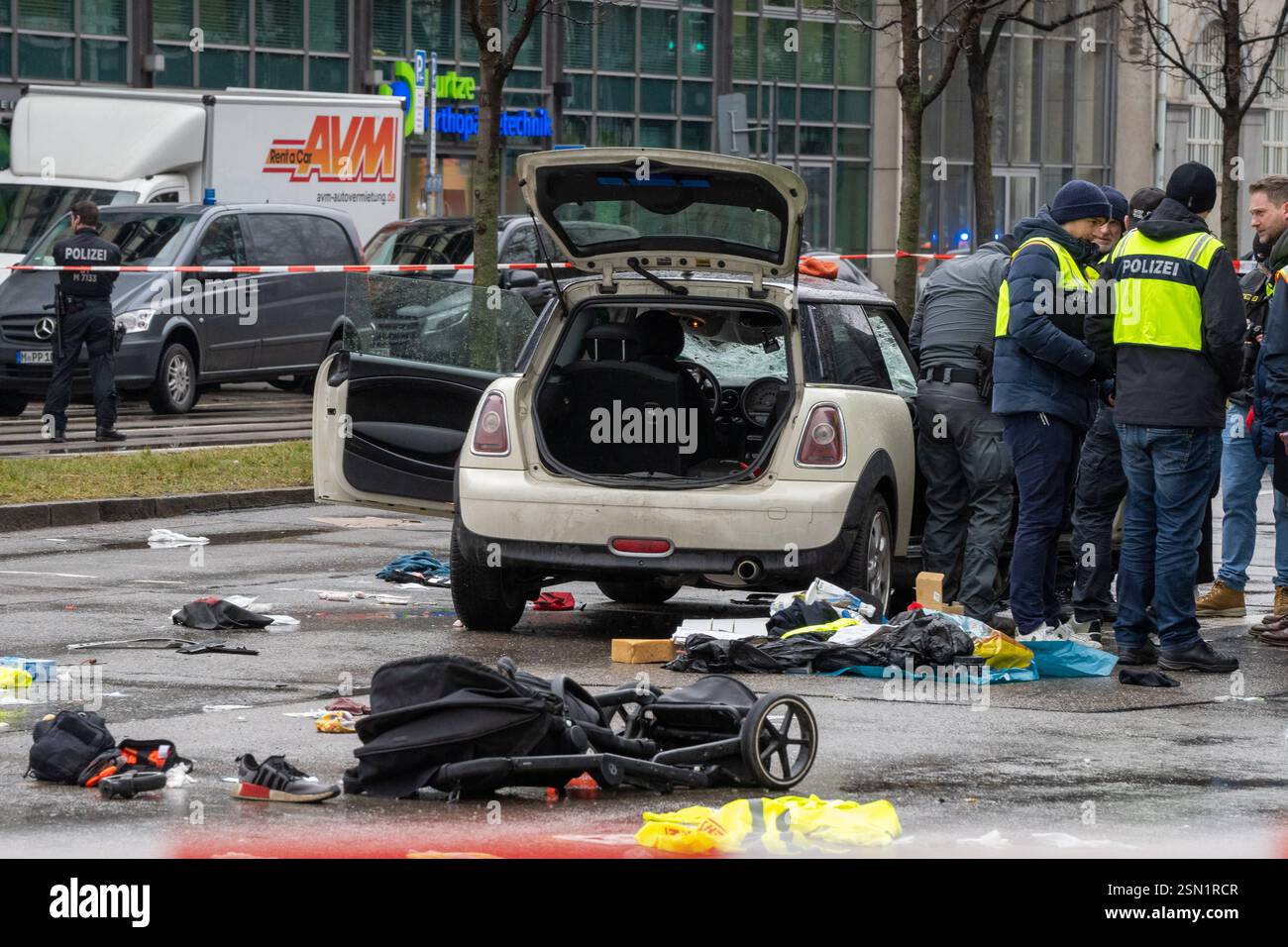 Munich, Bavaria, Germany - February 13, 2025: A car crashes into a crowd of people at a Verdi ...