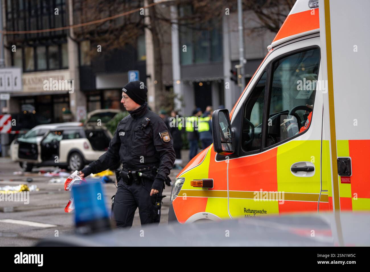 Munich, Bavaria, Germany - February 13, 2025: A car crashes into a crowd of people at a Verdi ...