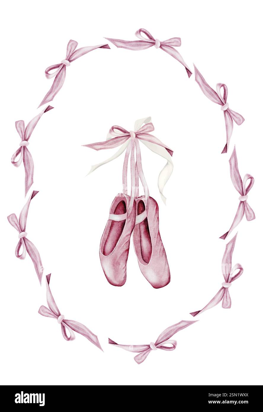 Pointe shoes watercolor. Hand drawn pink ballerina accessories in a ...