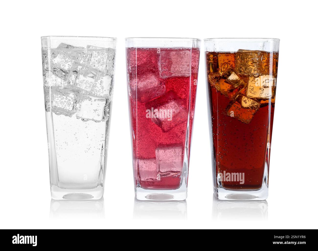 Soda water of different flavors with ice cubes in glasses isolated on ...
