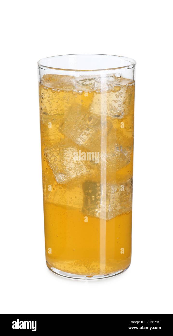 Sweet soda water with ice cubes in glass isolated on white Stock Photo ...