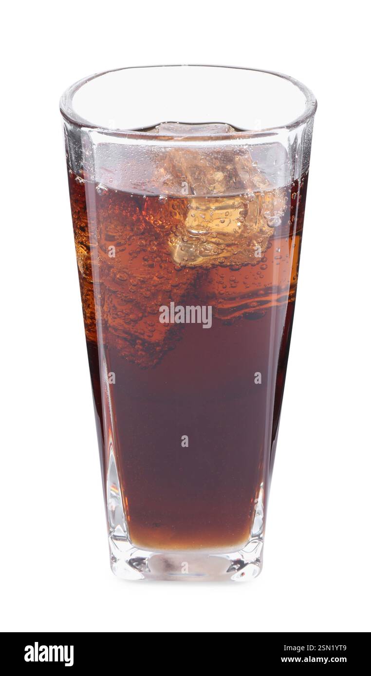Sweet soda water with ice cubes in glass isolated on white Stock Photo ...