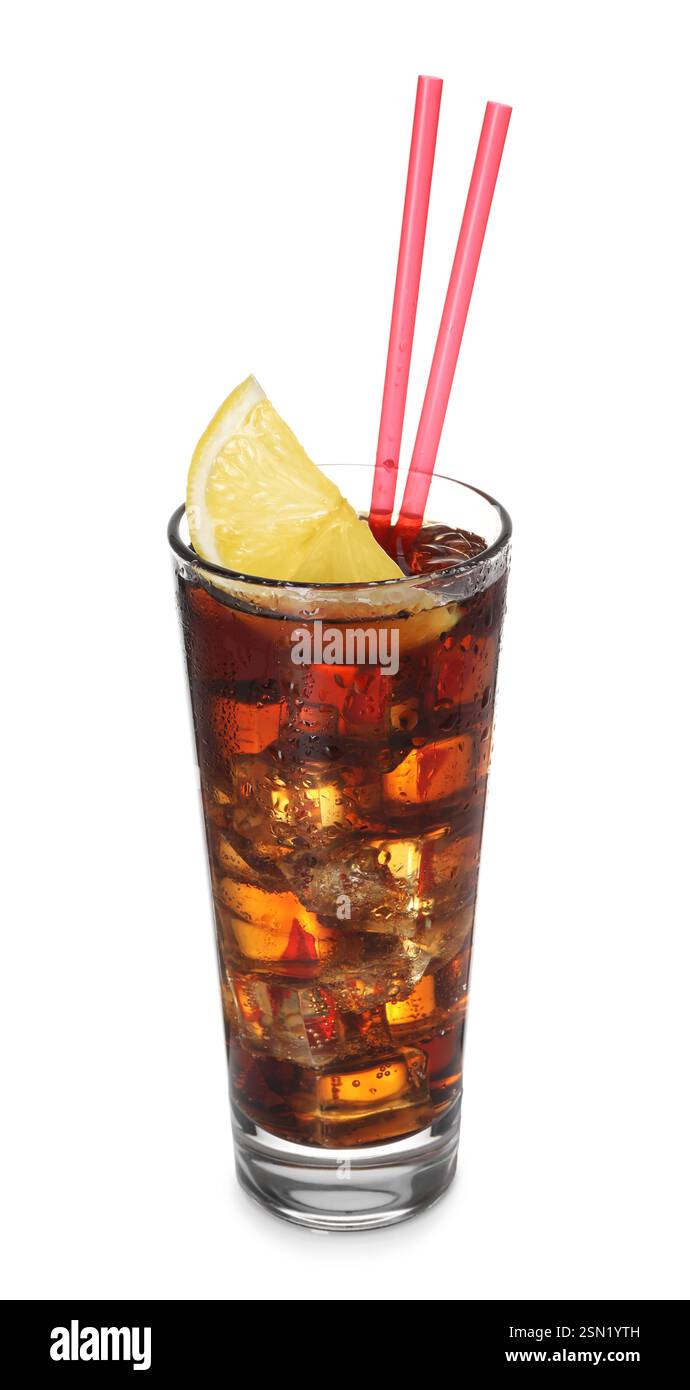 Refreshing cola with slice of lemon, ice cubes and drinking straws in glass isolated on white ...