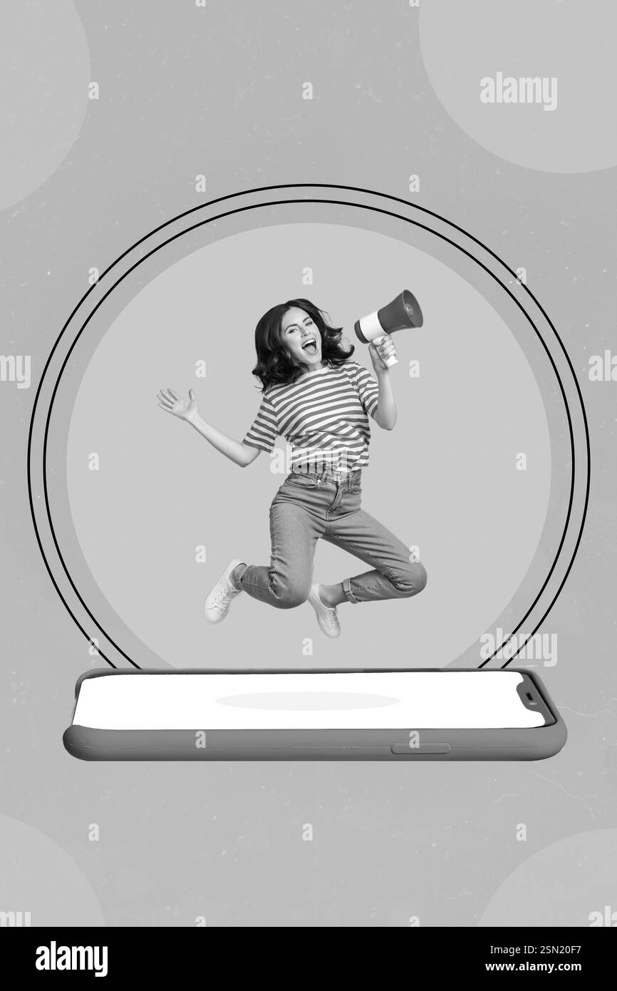 Vertical photo collage of young overjoyed activist woman jumping with ...