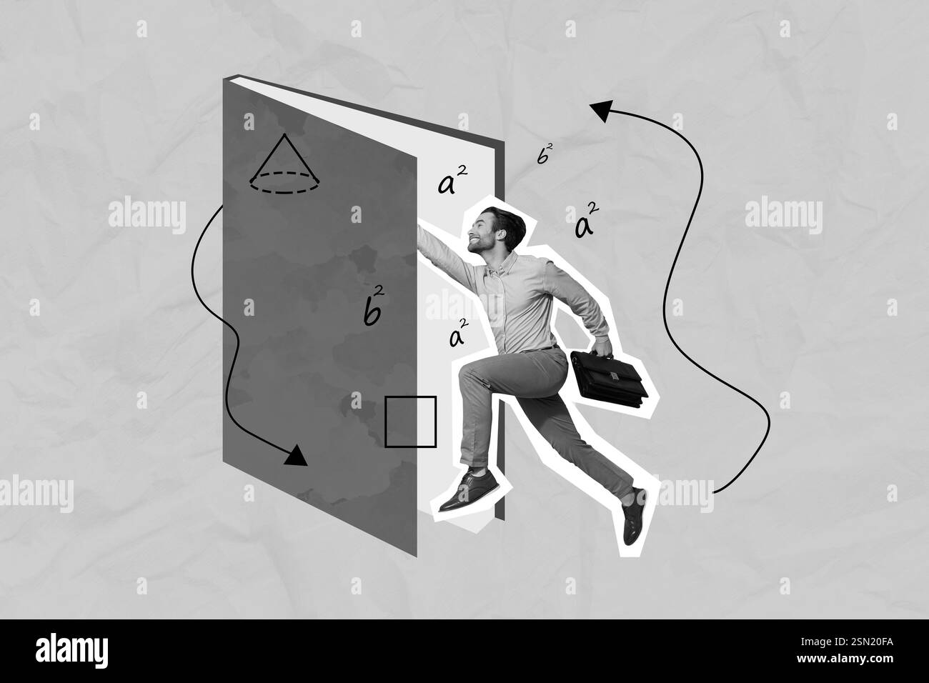 Creative photo collage artwork of young teacher jumping man inside ...