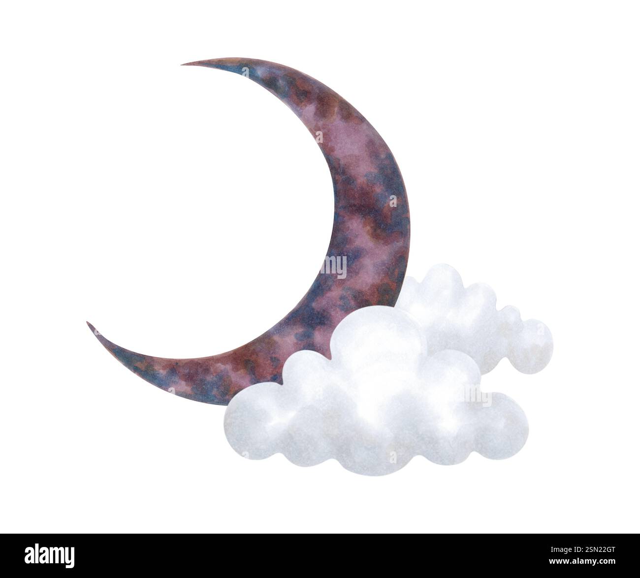 Sky element crescent moon with cloud. Watercolor and marker ...