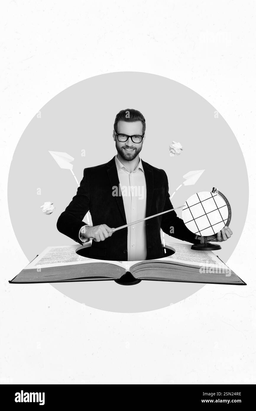 Vertical collage picture of positive intelligent teacher inside opened ...