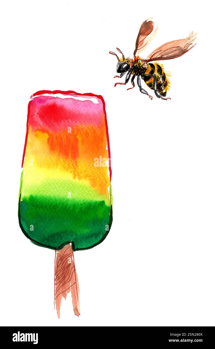 Ice cream and bee. Hand drawn watercolour illustration Stock Photo - Alamy