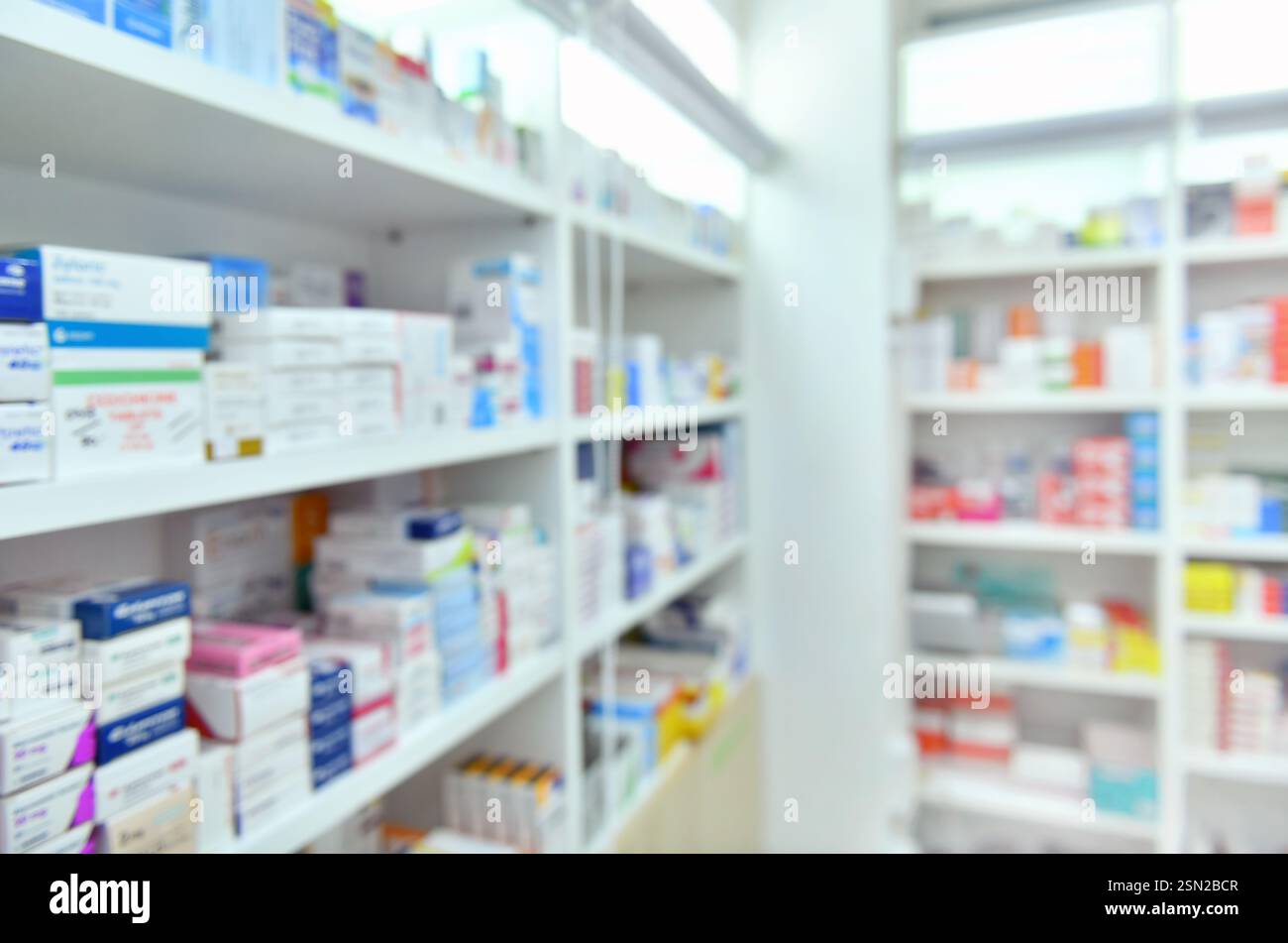 Medicine on shelves in Pharmacy interior with blurred background Stock ...