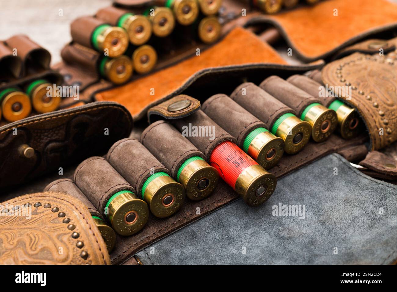 Leather ammunition holder with various shotgun shells arranged neatly ...