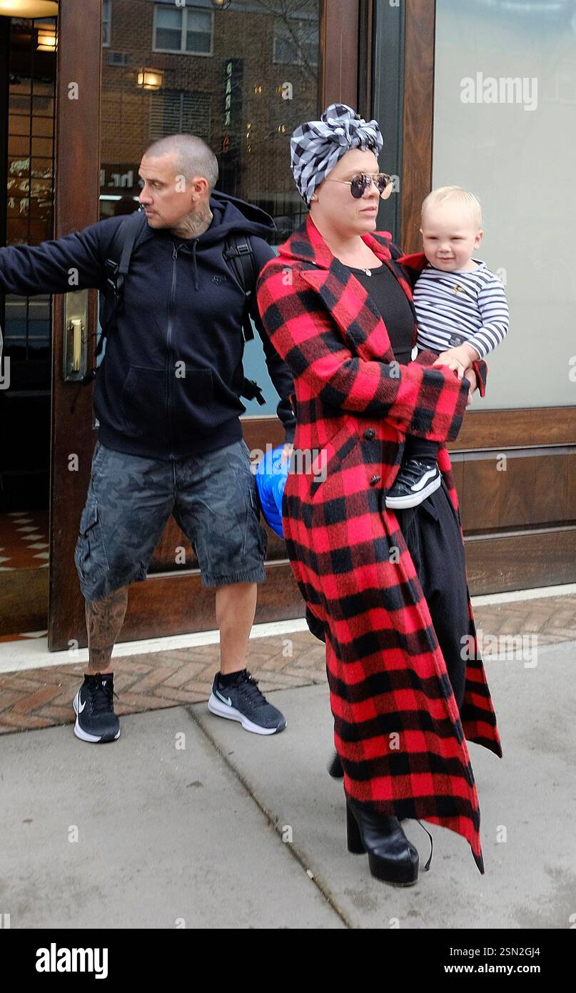Singer Pink leaves a downtown hotel with her son Jameson Moon Hart and ...