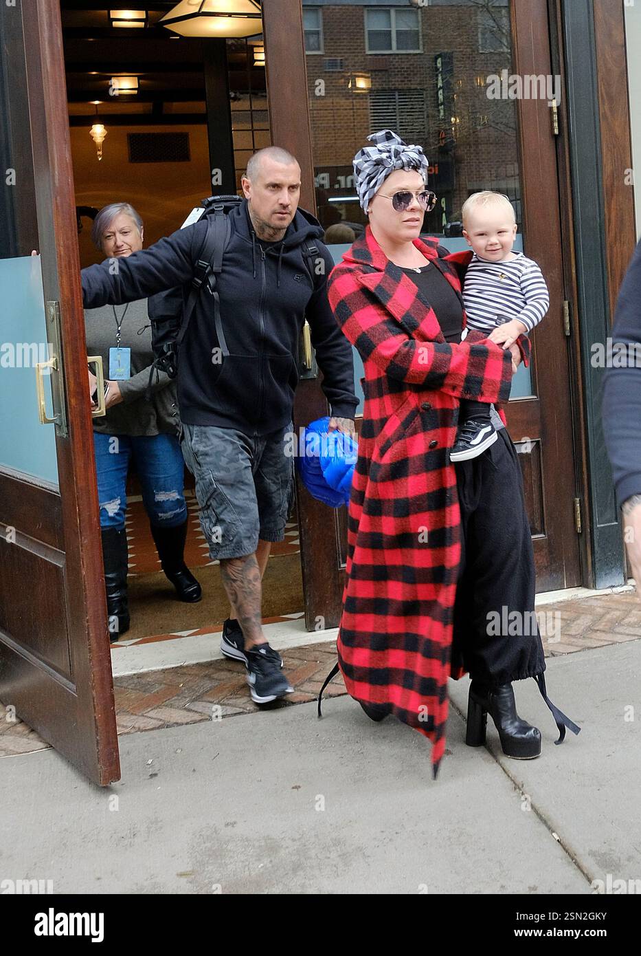 Singer Pink leaves a downtown hotel with her son Jameson Moon Hart and ...