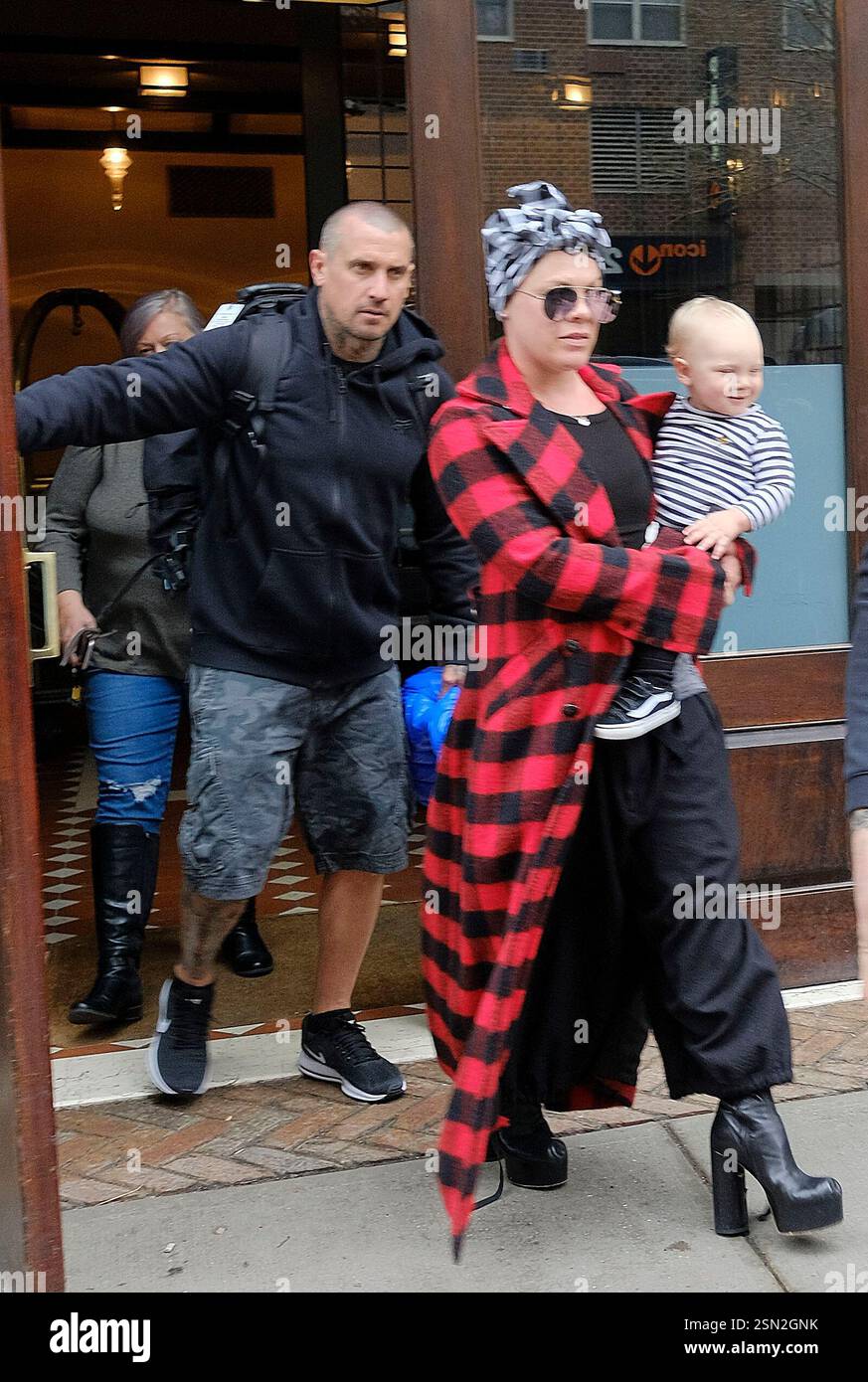 Singer Pink leaves a downtown hotel with her son Jameson Moon Hart and ...