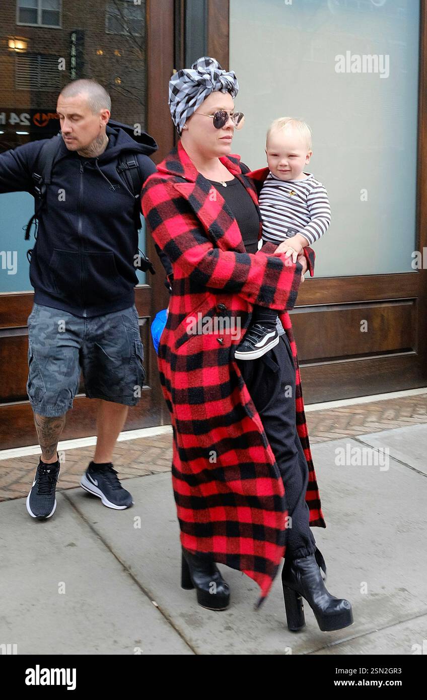 Singer Pink leaves a downtown hotel with her son Jameson Moon Hart and ...