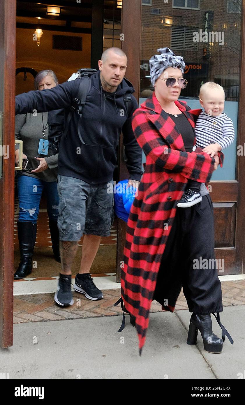 Singer Pink leaves a downtown hotel with her son Jameson Moon Hart and ...