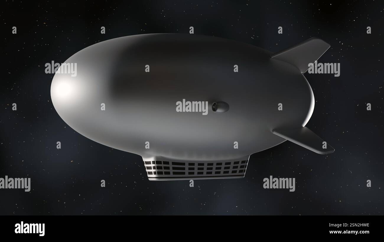 a 3D rendered depiction of a fictional vacuum airship against a blurred ...