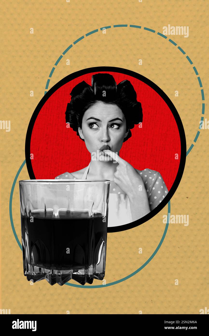 Template poster artwork 3D photo collage of young lady finger taste ...