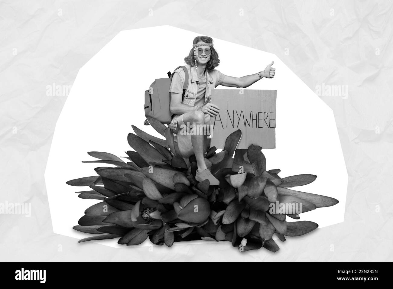 Creative poster banner collage of funky guy traveller sit bunch ...