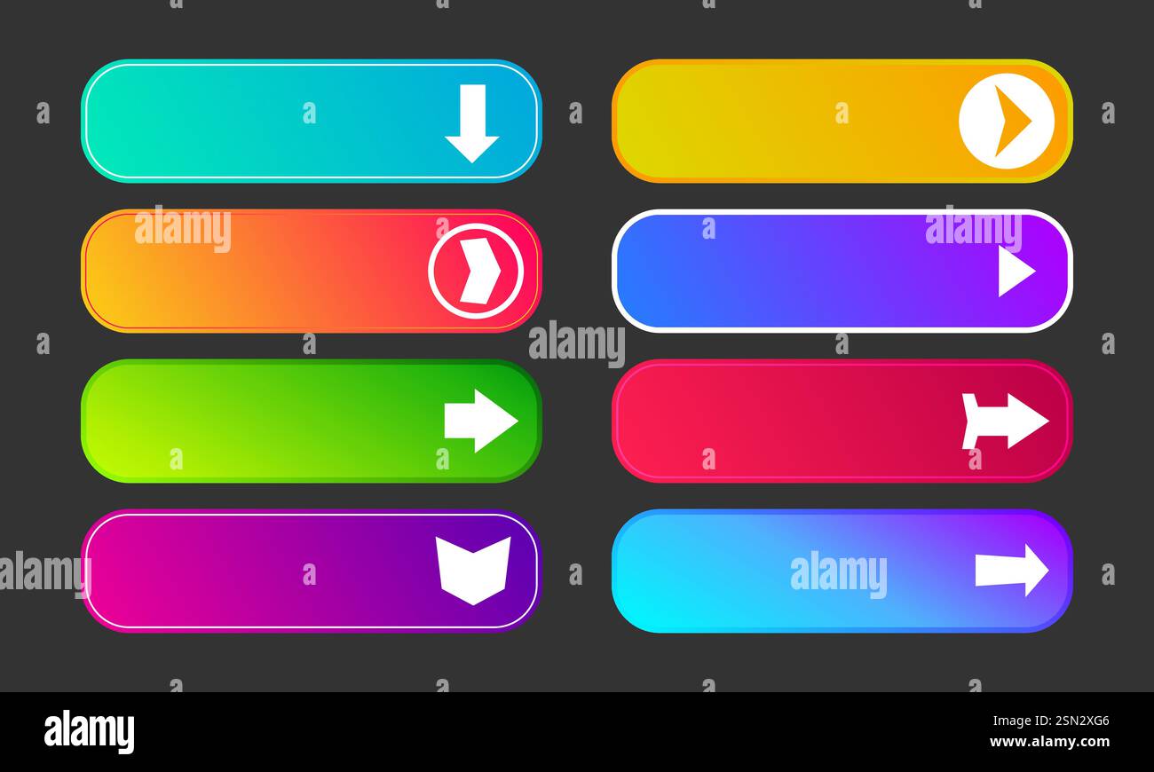 Colorful gradient buttons with arrows. Set of eight modern abstract web ...