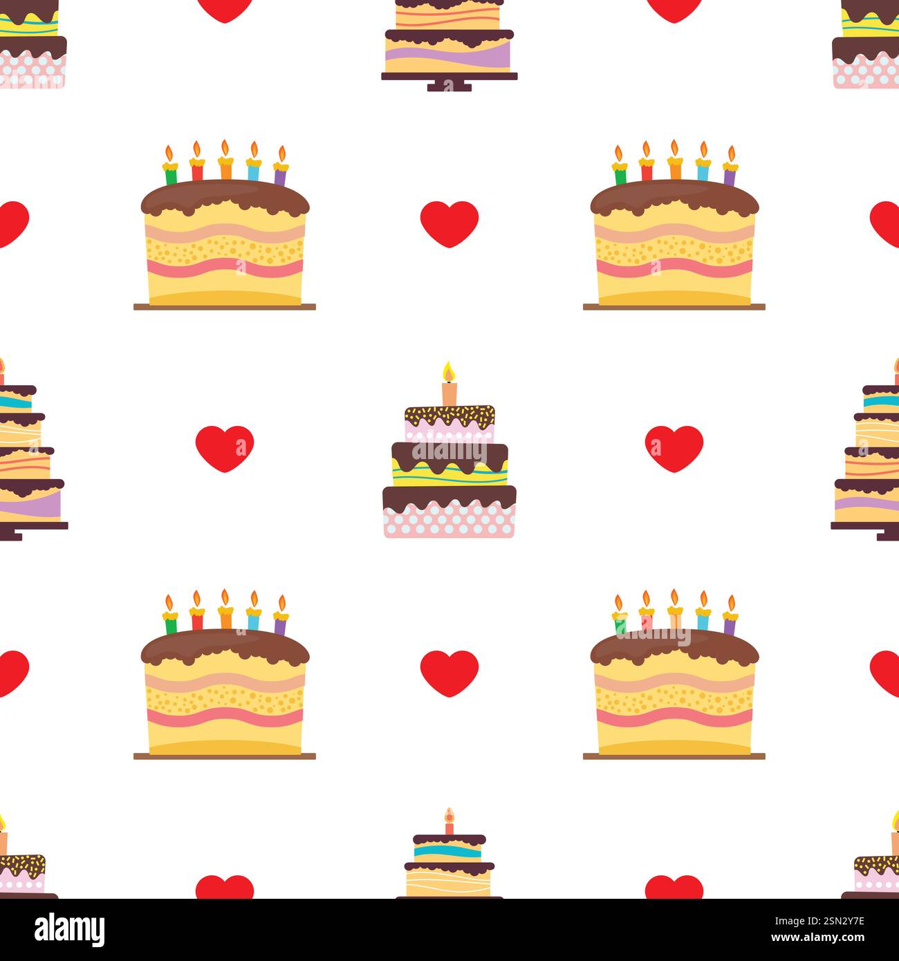 Seamless Pattern with colorful hearts, sweet cakes and pies. Vector ...