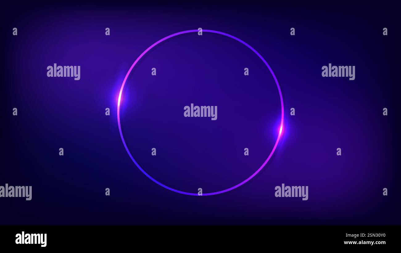 Neon round frame with shining effects on dark background. Empty glowing ...