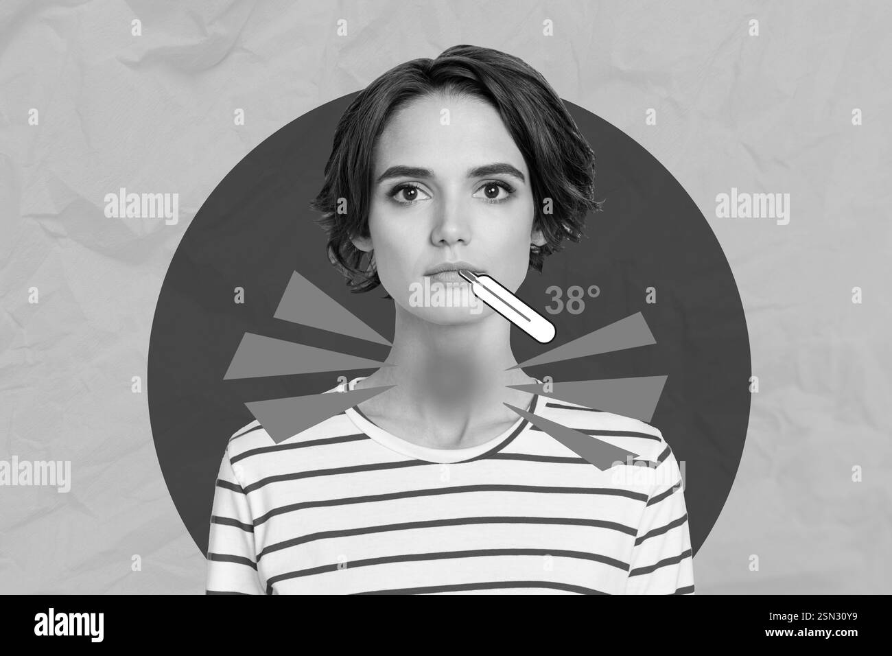 Creative collage image of black white effect sick girl hold thermometer ...