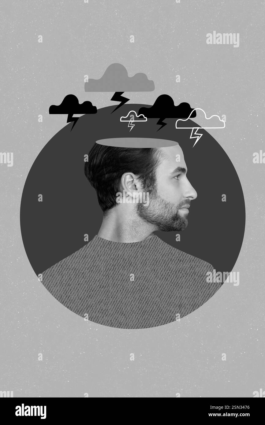 Vertical collage image of black white gamma guy opened head ...