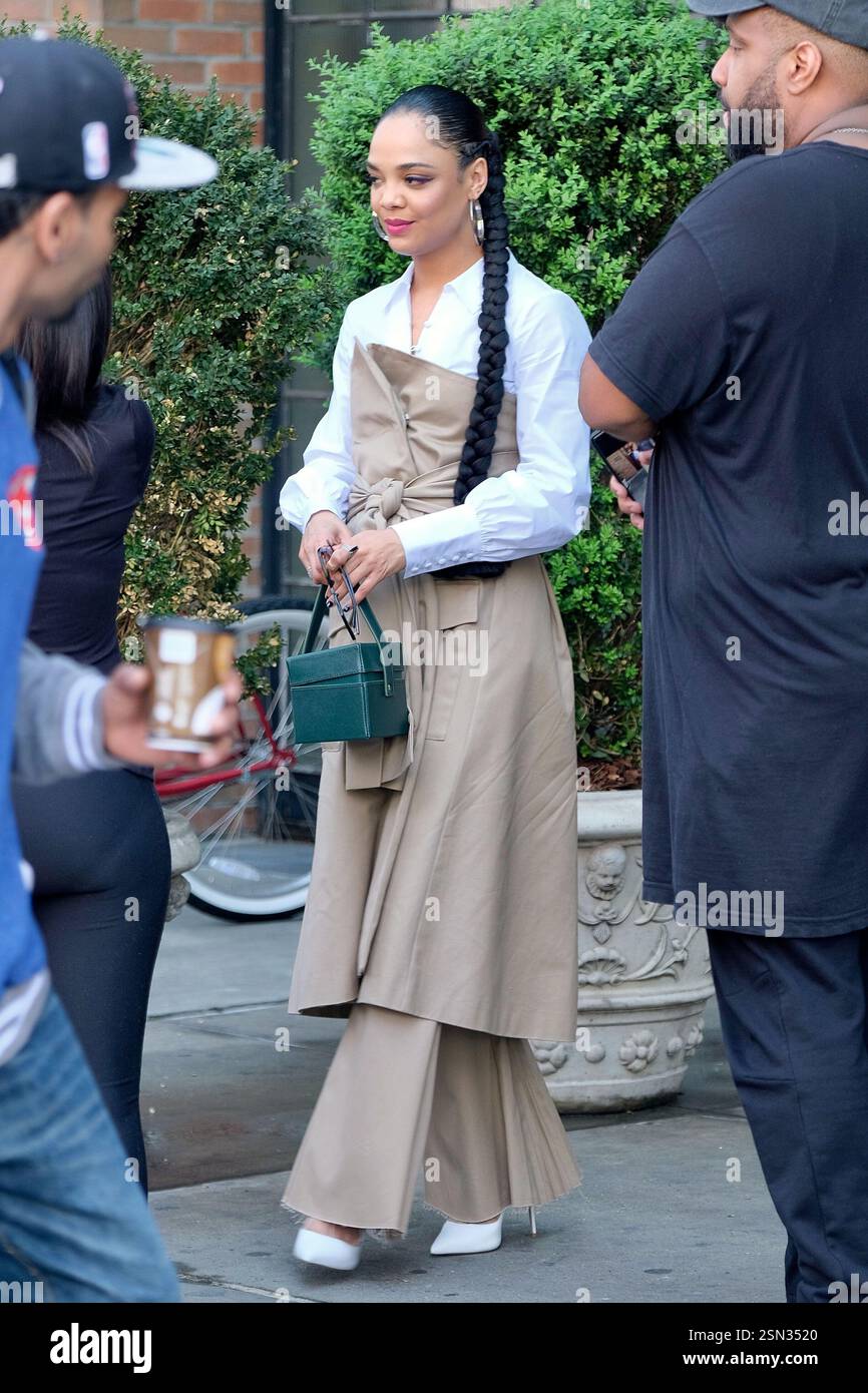Actress Tessa Thompson wears an unusual dress and pants combination as ...