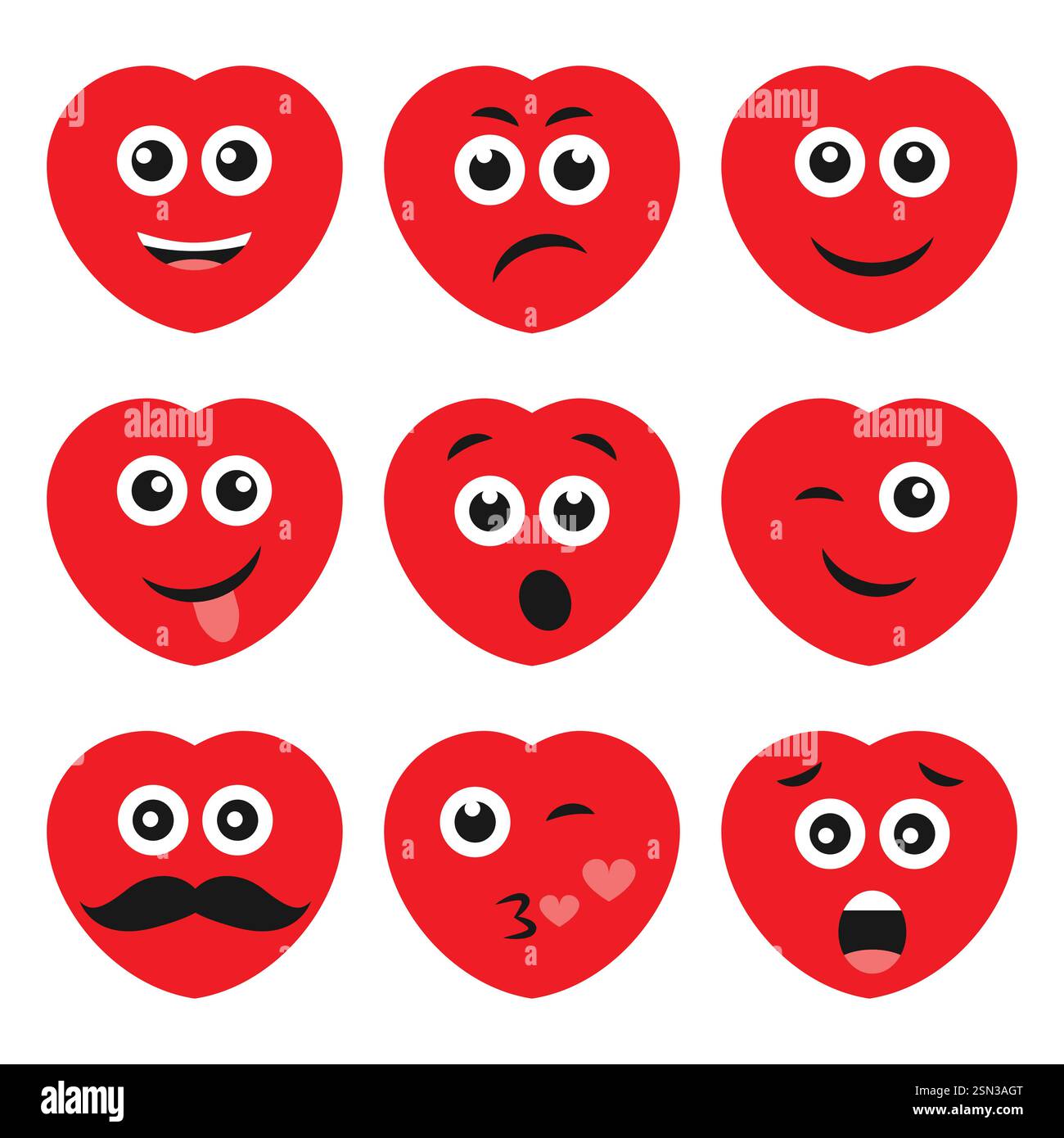 Set of nine cartoon hearts with emotions. Emoji icon in Love symbols ...