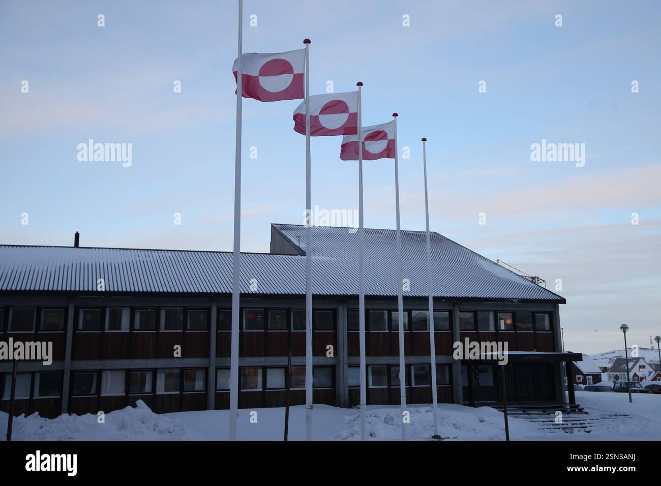 Nuuk, Greenland. 05th Feb, 2025. Greenlandic flags fly in front of the ...