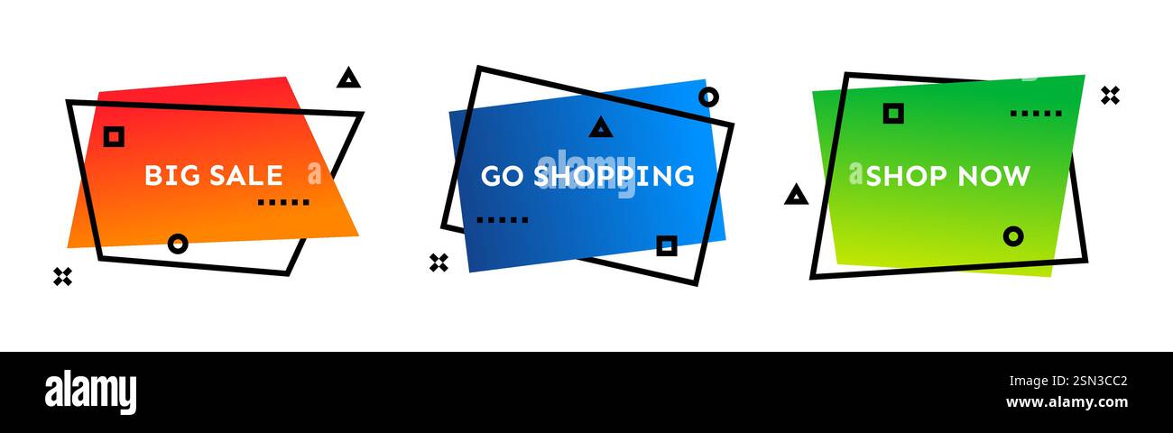 Big Sale, Go Shopping, Shop Now. Set of three colorful geometric trendy ...