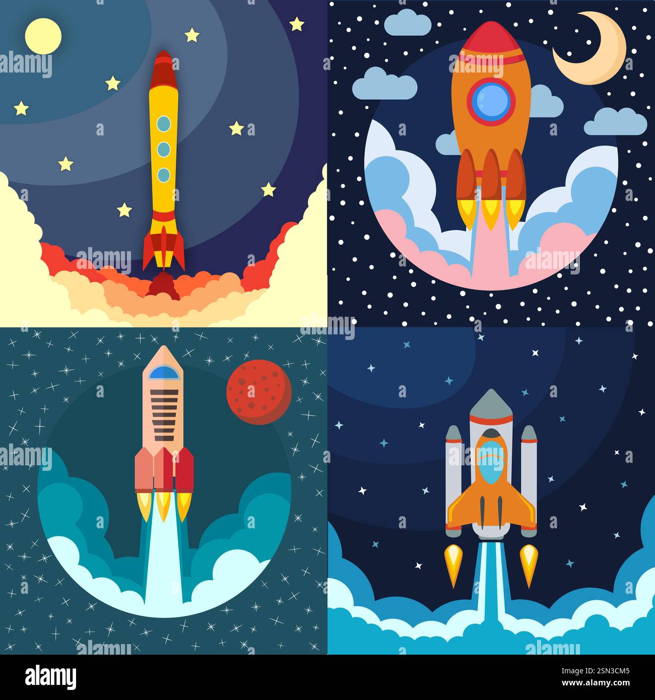 Set of four space rocket ship in round piece. Space rocket launch ...