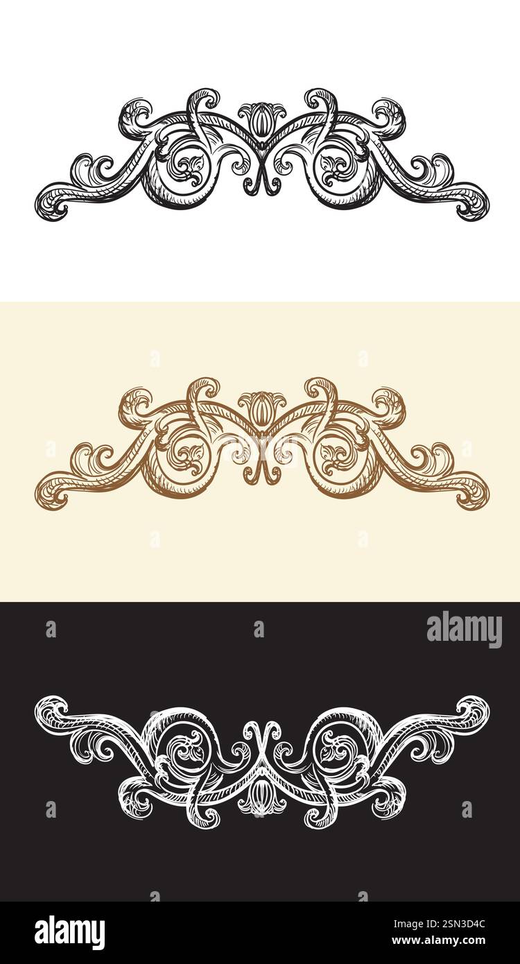 Set of hand drawing baroque design elements vector illustrations Stock ...