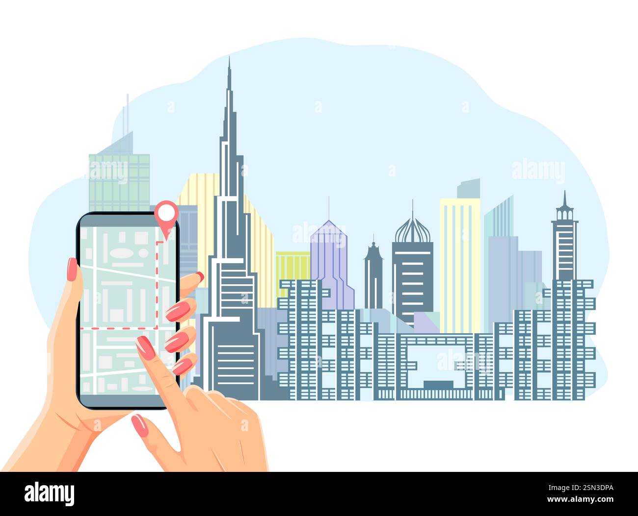 Vector illustration Walk around city. Navigation. Hands holding cell ...