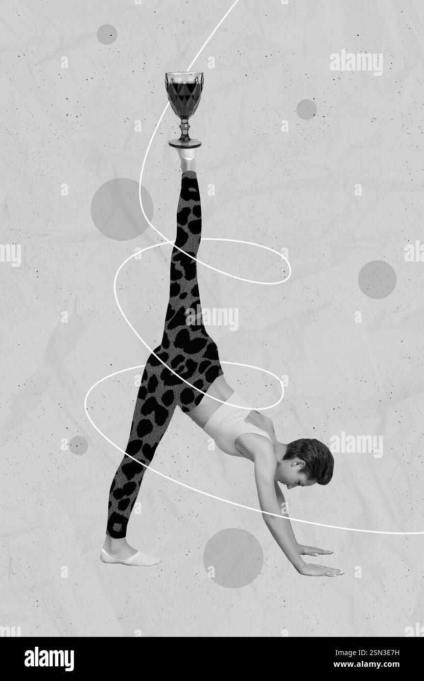 Photo artwork collage of young athlete lady stretching showing twine ...