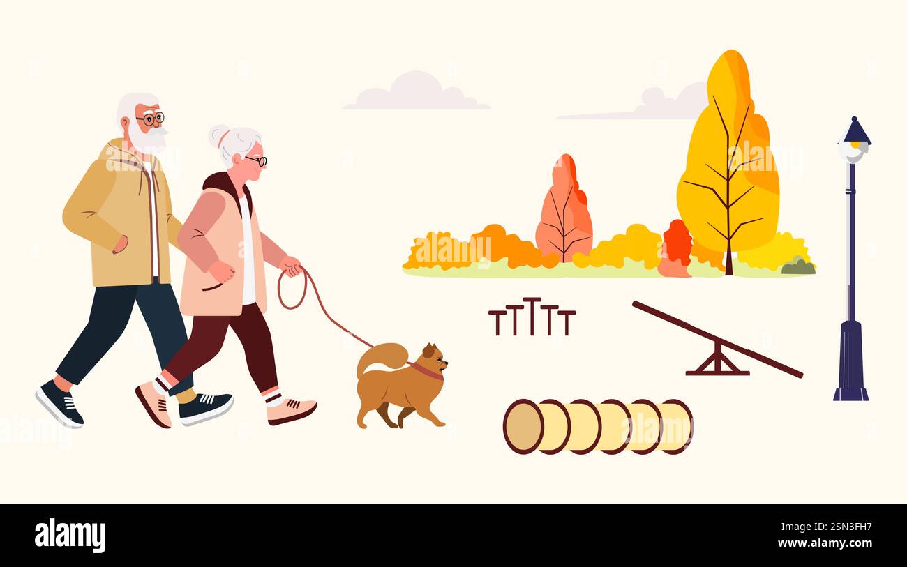 Vector illustration Retirement leisure. Elderly man, woman walk with ...
