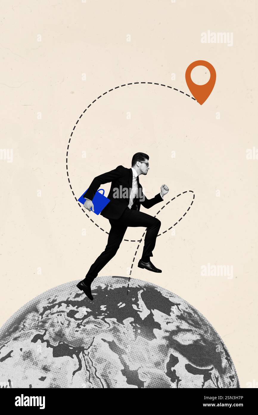 Poster image vertical photo collage of serious man carry suitcase run ...