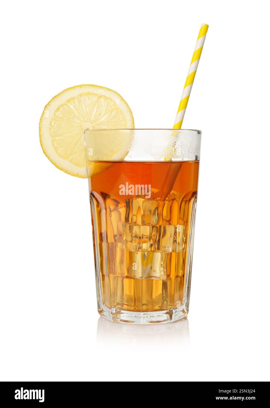 Refreshing tea with ice cubes, slice of lemon and drinking straw isolated on white Stock Photo ...