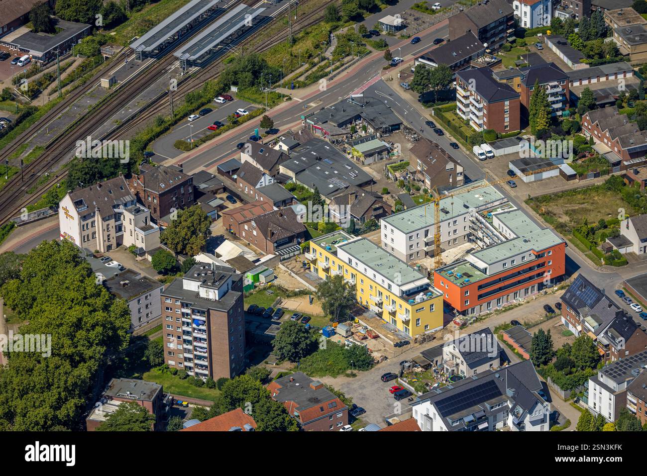 Aerial view, construction site with new construction of three ...