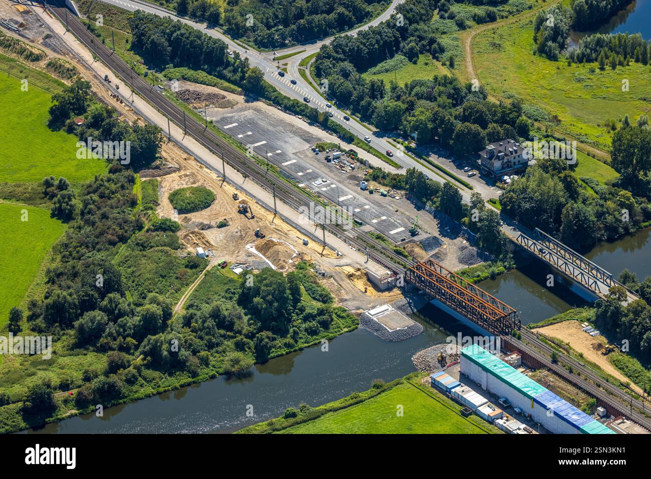 Aerial view, Lippe estuary area with construction site, river Lippe and ...