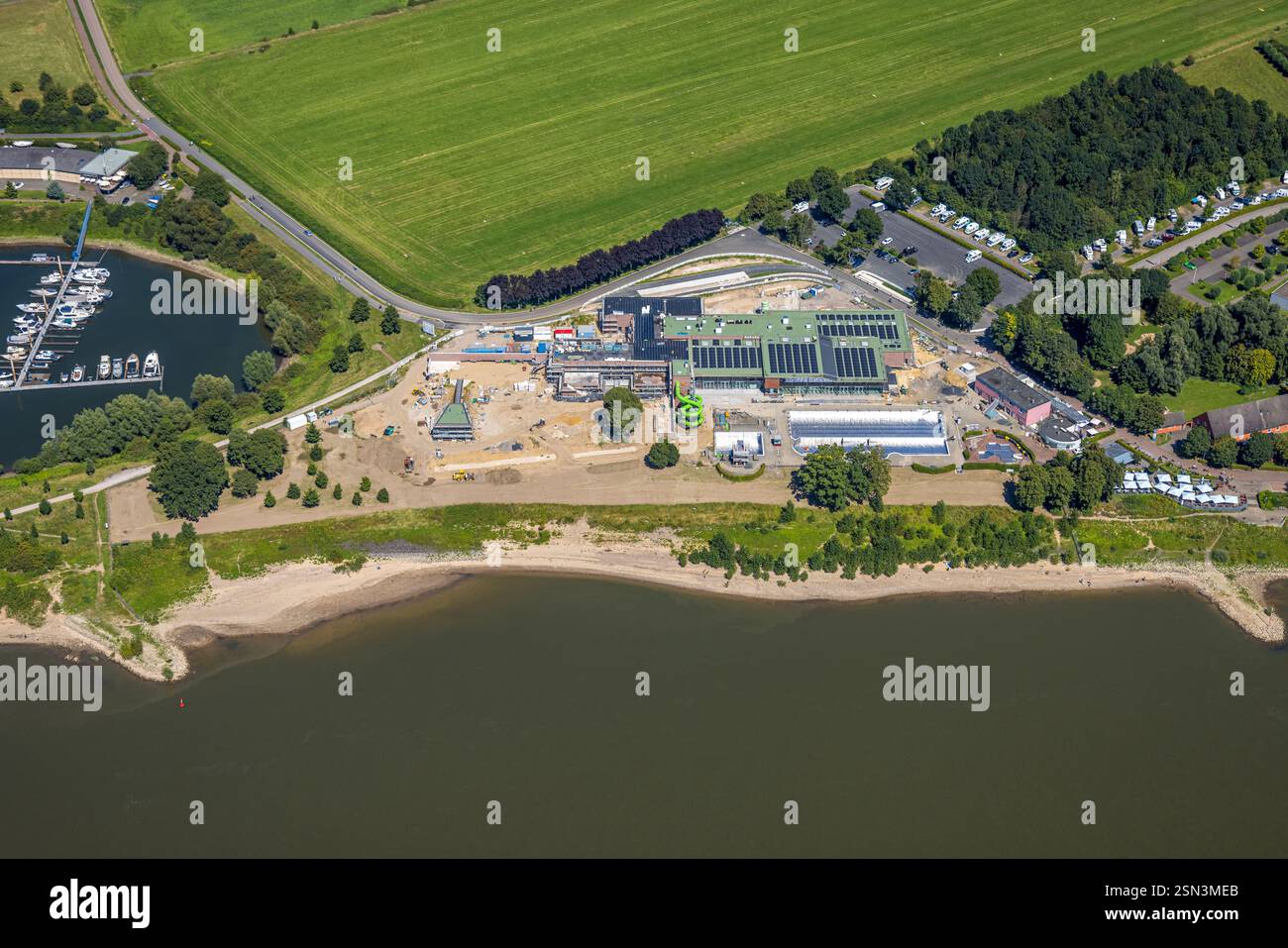 Aerial view, Rheinbad with water slide on the Rhine promenade, current ...
