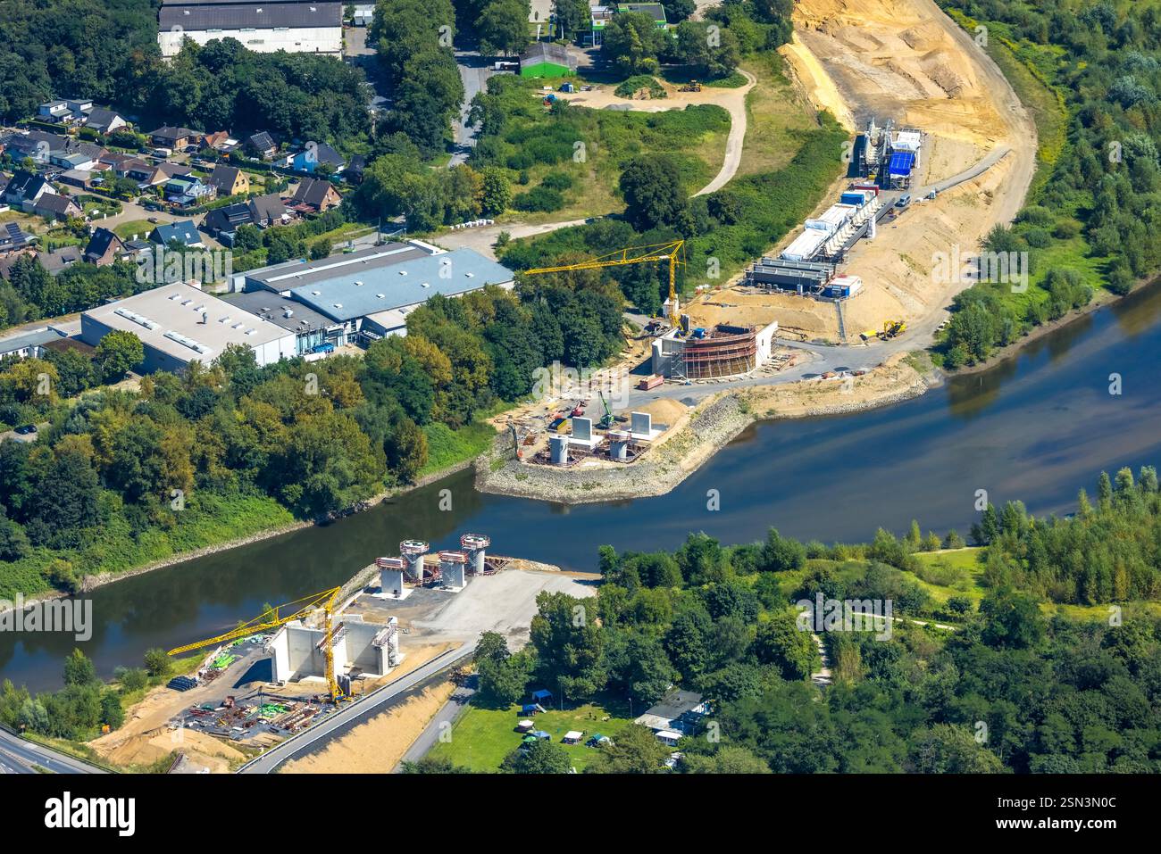 Aerial view, Lippe estuary area with construction site for additional ...