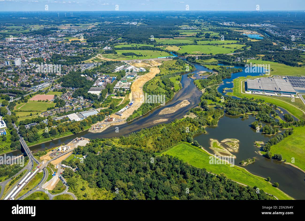 Aerial view, Lippe estuary with renaturation, river Lippe and nature ...