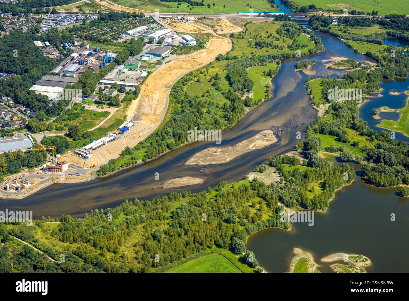Aerial view, Lippe estuary with renaturation, river Lippe and nature ...
