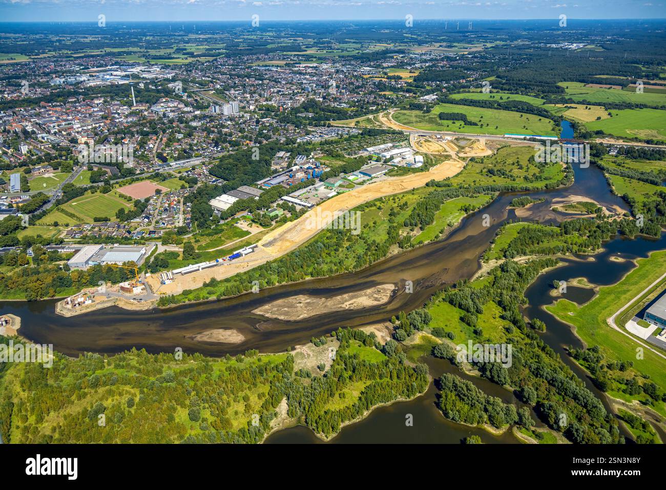 Aerial view, Lippe estuary with renaturation, river Lippe and nature ...