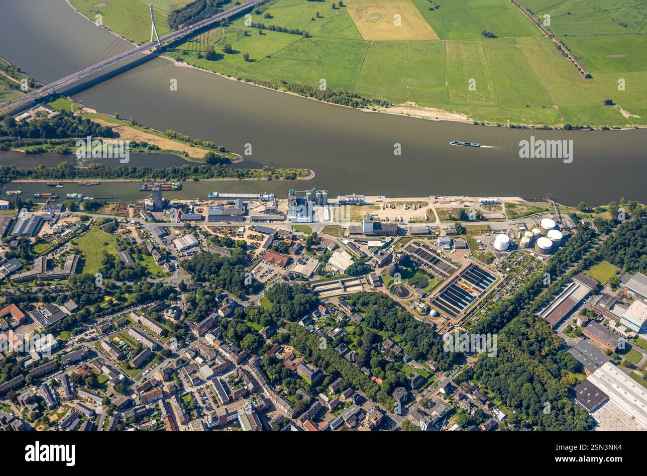 Aerial view, Lippe renaturation, mouth of the Lippe into the Rhine ...